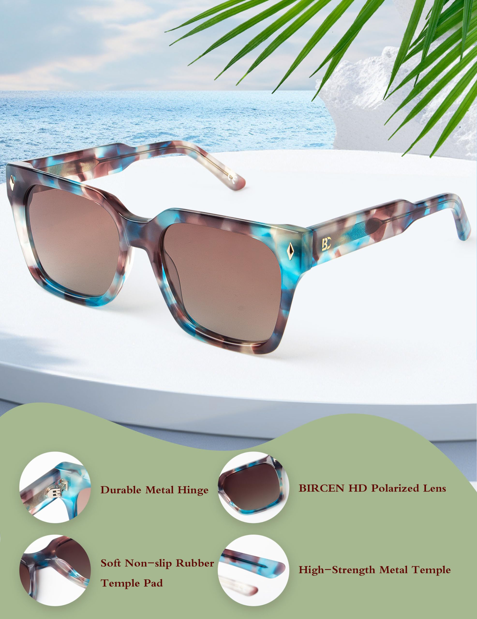BIRCEN Polarized Trendy Sunglasses for Women: UV Protection Womens and Mens Square Shades with Acetate Frame BC2003