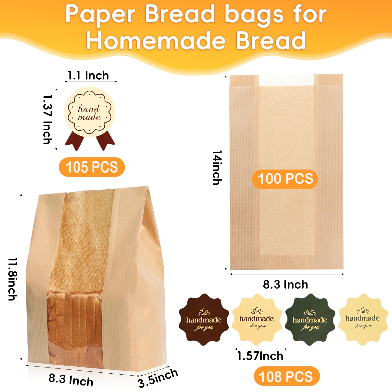 Funcoo 100 Pcs Paper Bread Bags for Home Bread Sourdough Bread Bakery Storage Bags with Window,Large Bakery Bread Loaf Bags for Baked Goods Packaging,Label Seal Sticker Included …