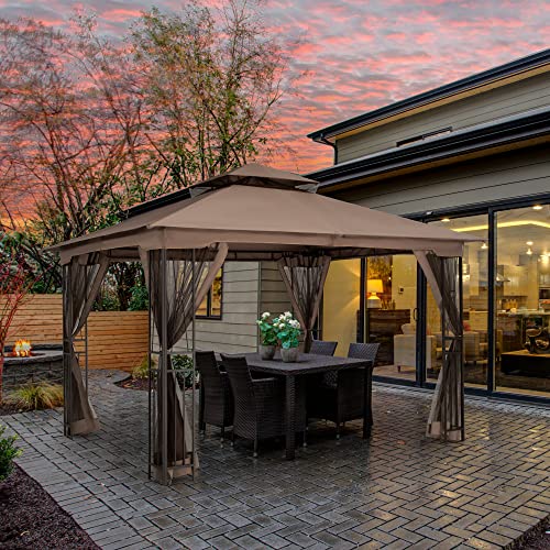 HAPPATIO 10' X 12' Patio Gazebo with Ventilation Double Roof,Outdoor Gazebo with Mosquito Netting for Lawn, Garden (Light Brown)