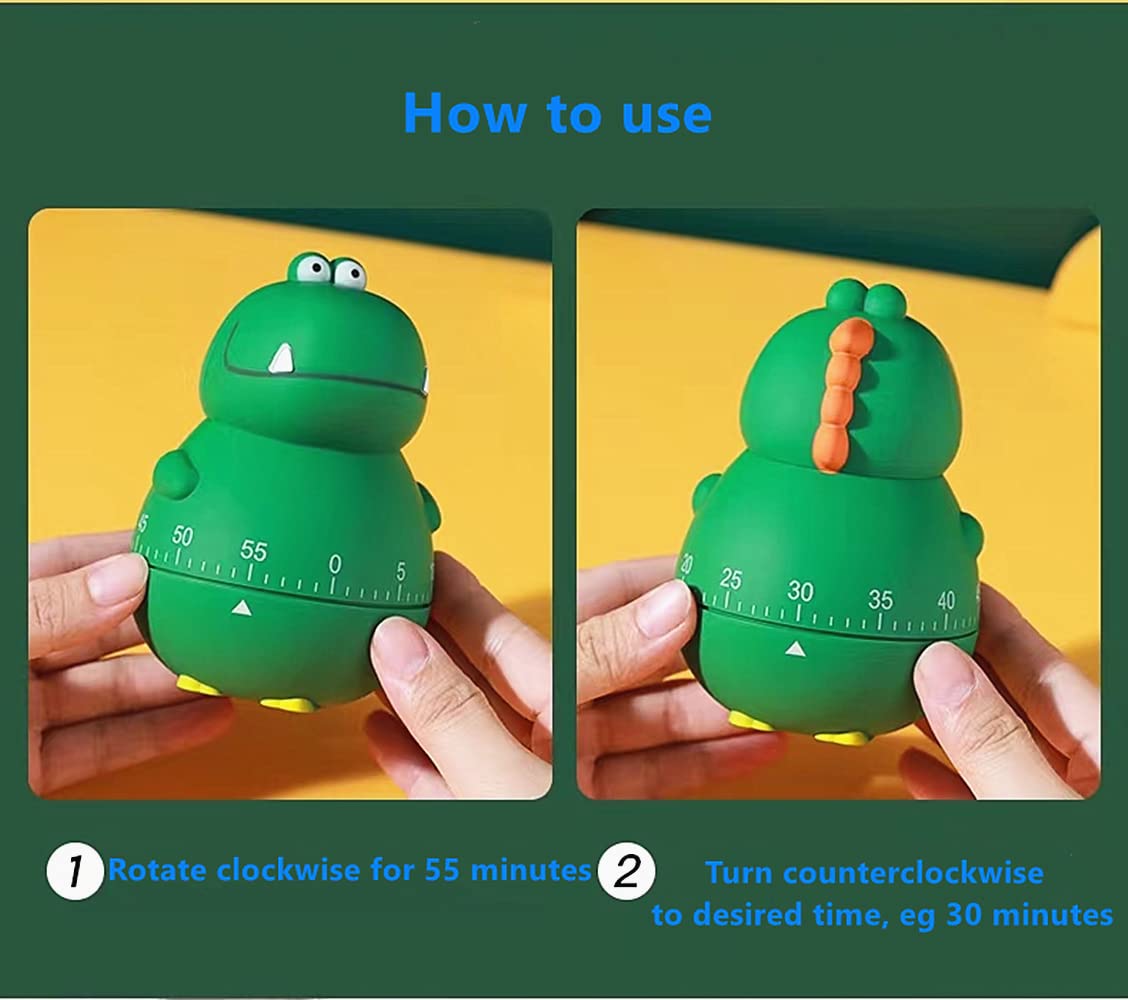 Cute Dinosaur 100% Mechanical Egg Kitchen Timer for Kids Cooking/Reading/Classroom/Do Sports(Dinosaur, Green)