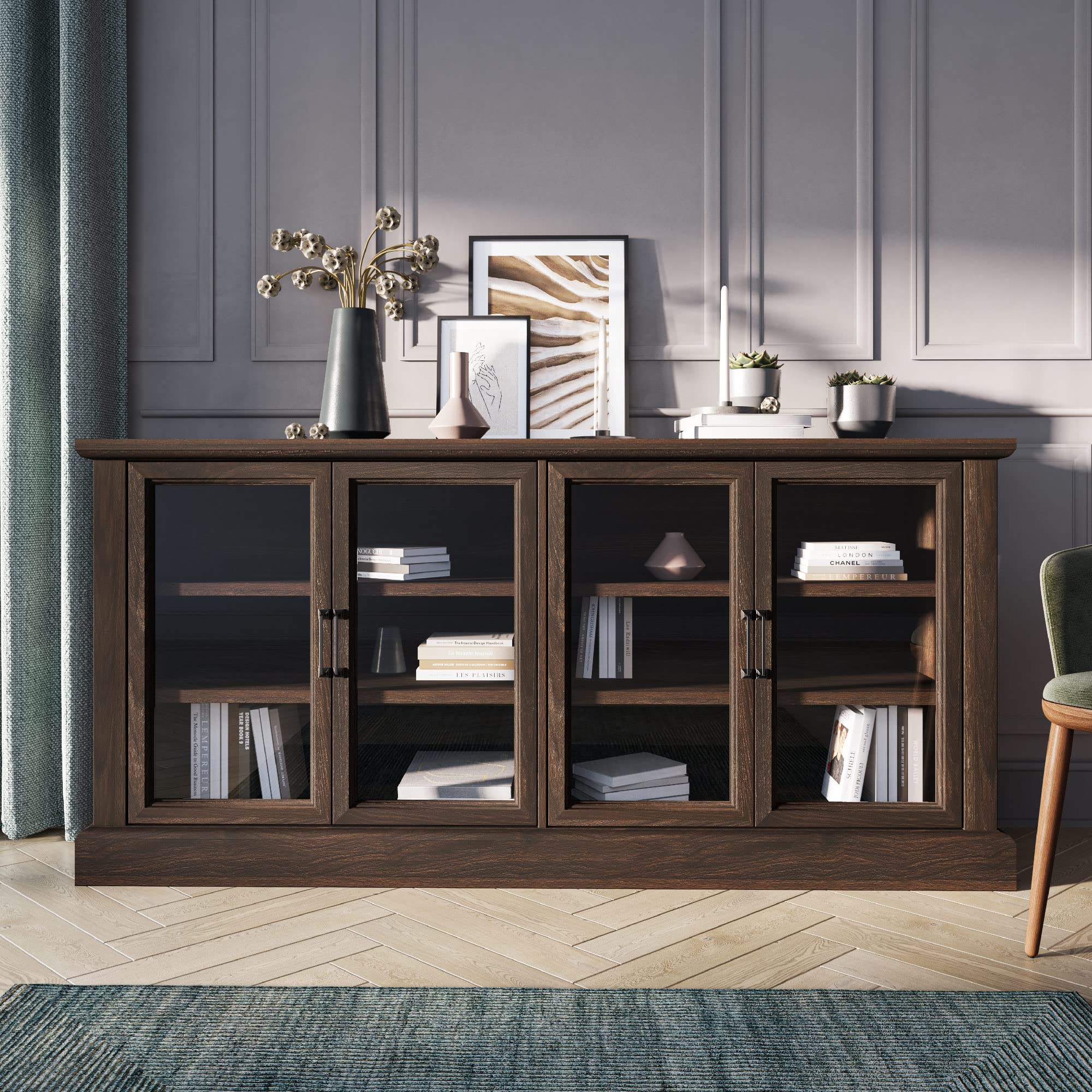 BELLEZE 70 Inch Sideboard Buffet Cabinet, Entertainment Center with Storage, Glass Display Cabinet with Adjustable Shelves Console Table Storage Cabinet for Living Room, Dining Room, Dark Walnut