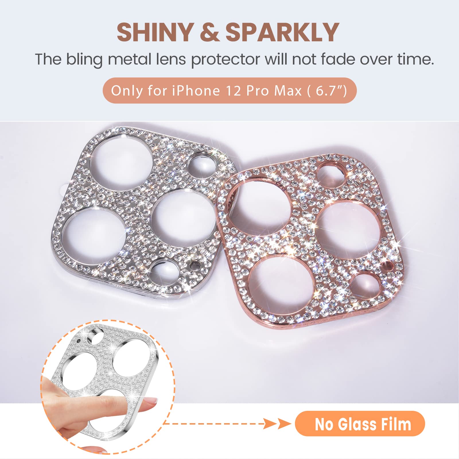 Goton [2 Pack] for iPhone 12 Pro Max Camera Lens Protector, Bling Glitter Diamond Metal Lens Protective Decoration Cover for iPhone 12 Pro Max 6.7inch (Silver+Rose Gold)