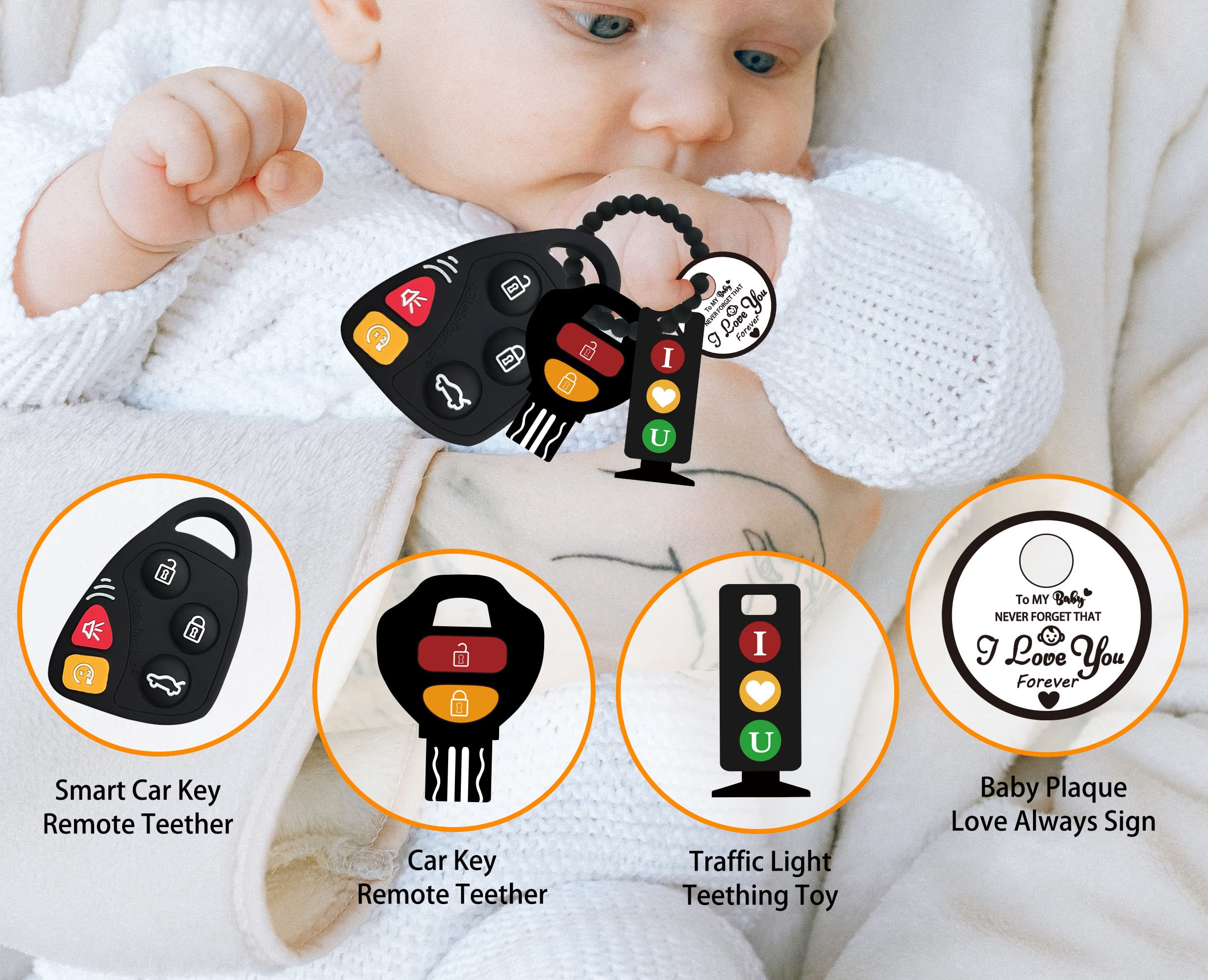 BIGSPINACH Car Keys Teething Toys Combo Set,Traffic Light Keys teether Toy,Teething Car Key Remote Control for Baby Teether Toys 6 to 12 Months（Black）