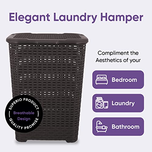 Superio Laundry Hamper Basket With Easy Open Lid 60 Liter Brown, Large Wicker Hamper, Dirty Cloths Storage With Two Cutout Handles, Laundry Room Bin 1.70 Bushel