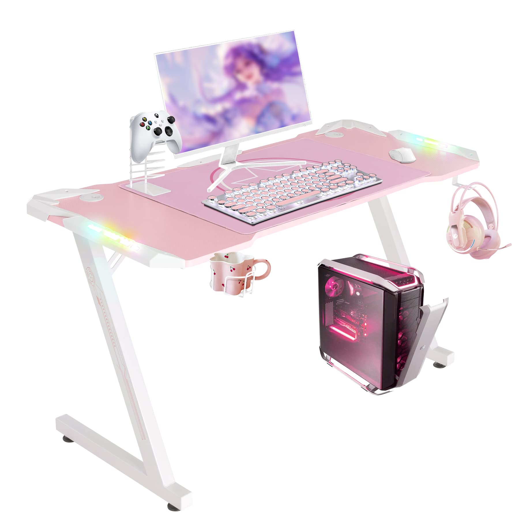 YOUTHUP Pink Gaming Desk with LED Lights, 55" Z Shaped RGB Gaming Computer Table, Ergonomic PC Workstation with Remote Control, Cup Holder, Handle Rack, Headphone Hook, Mouse Pad for Home Office Use
