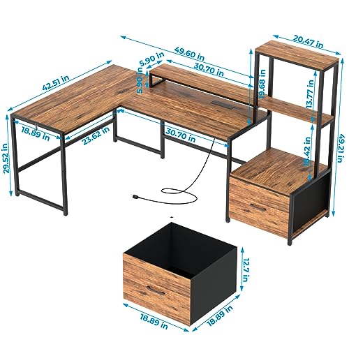 GreenForest 79 in L Shaped Desk with Drawers and Printer Stand and 47 in Computer Desk with USB Charging Port and Power Outlet