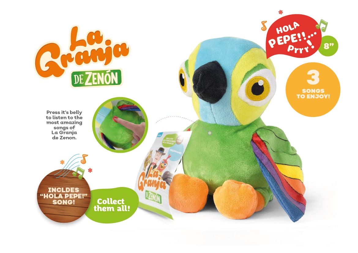 LA GRANJA DE ZENÓN Lorito Pepe Musical Stuffed Animal 8-Inch Soft and Huggable Plush Toy with Music, Beloved El Reino Infantil Character