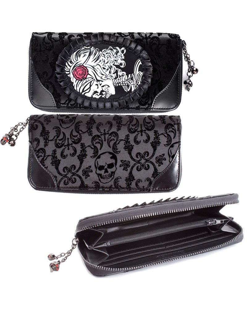 Lost Queen Black Flocked Cameo Skull Lady Rose Gothic Zip Around Wallet