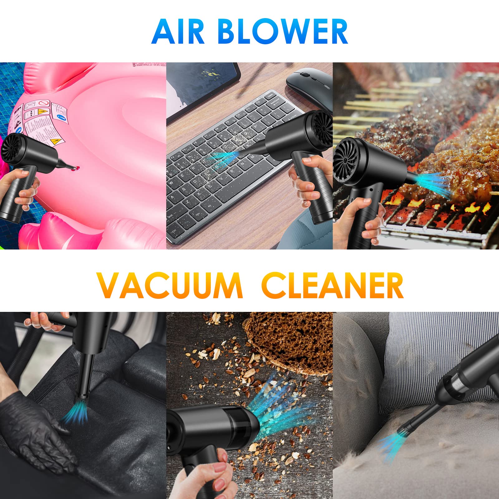 Compressed Air Duster,3-Gear/ 90000RPM Electric Air Blower, 2-in-1 Air Duster & Vacuum,Dust Blower with LED Light