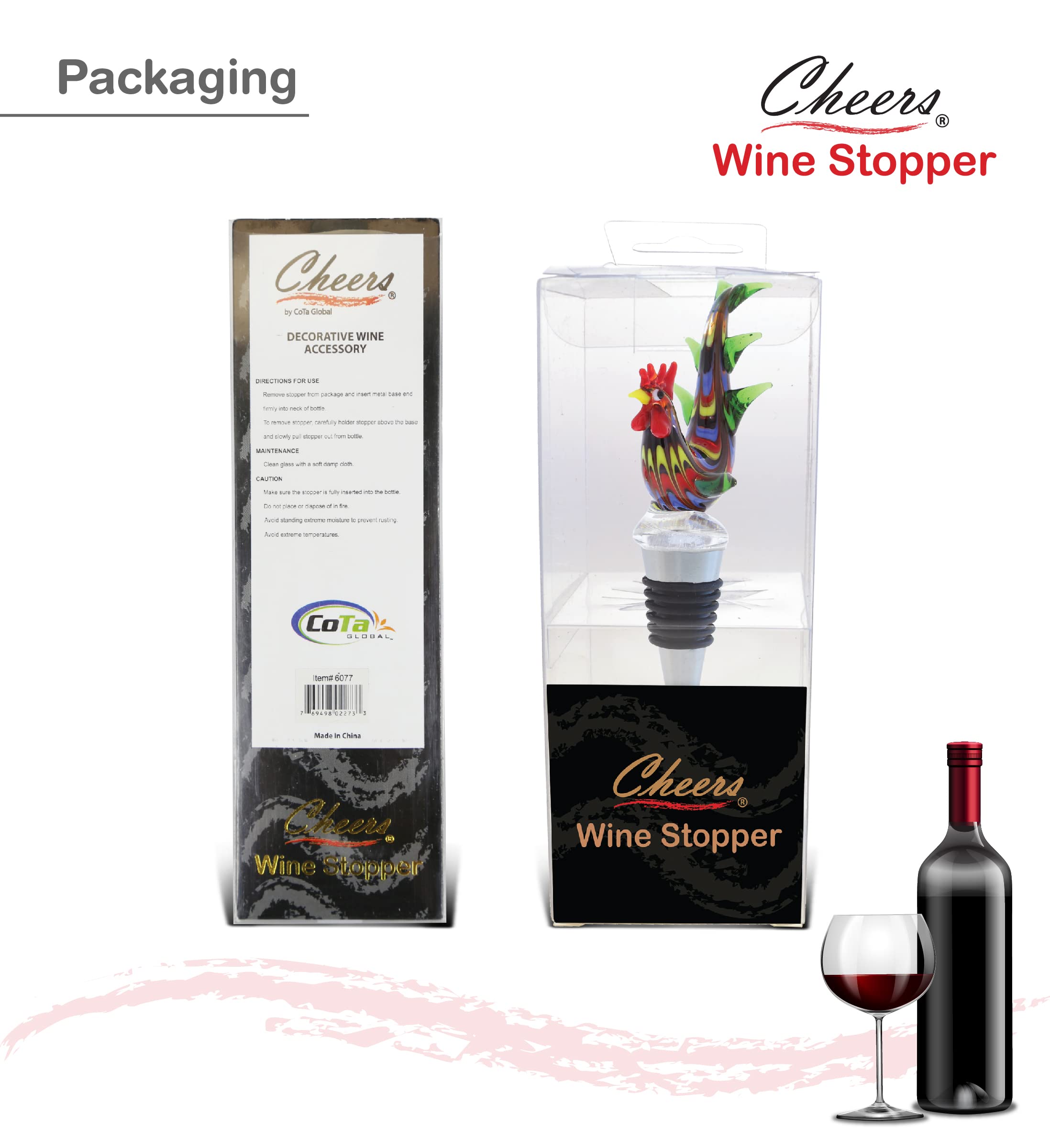 Cheers Rooster Glass Wine Stopper - Elegant Vacuum Seal Reusable Chicken Animal Farm Life Wine Bottle Stopper Airtight Leak Proof Bottle Topper Cork Plug, Cute Home Decor & Bar Tool Accessory Gift