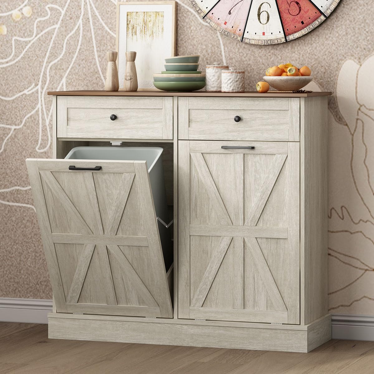 Halitaa Trash Can Cabinet, Double Tilt Out Trash Cabinet with 2 Drawers, Hidden Kitchen Trash Bin Cabinet for 10 Gallon Garbage Can, Free Standing Holder Wooden, Walnut White