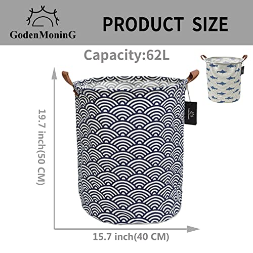 Collapsible Laundry Basket - GodenMoninG 2X 62.8L Large Sized Round Waterproof Storage Bin with Leather Handles,Home Decor,Toy Organizer,Children Nursery Hamper.(2 PACKS,Grey Striped Shark & Blue Wave)
