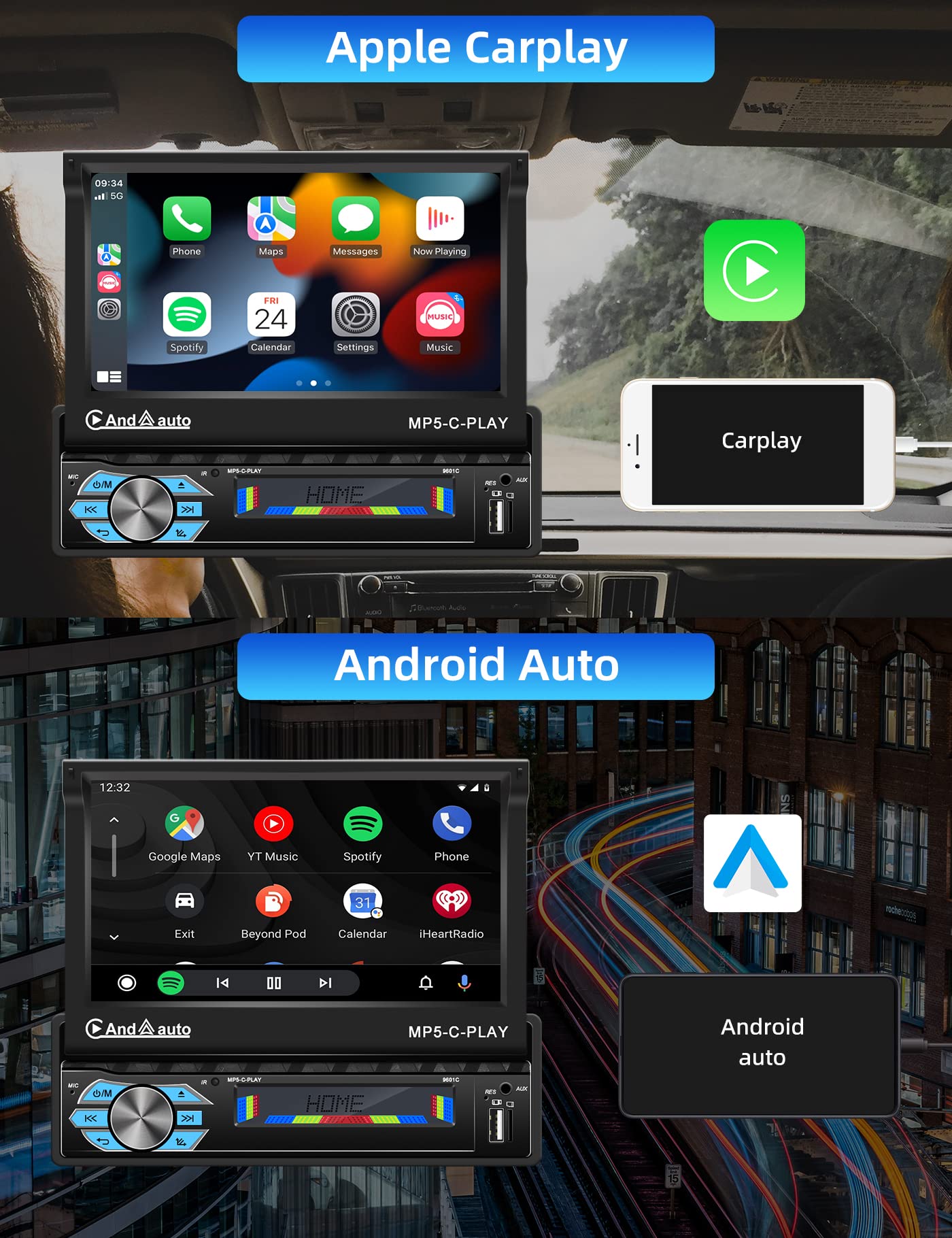 Carplay Single Din Car Stereo Audio with Android Auto Backup Camera Bluetooth, 7 Inch Touchscreen Supports FM Radio, Mirror Link, USB/TF/AUX-in Car Play Radio with Remote, External Mic