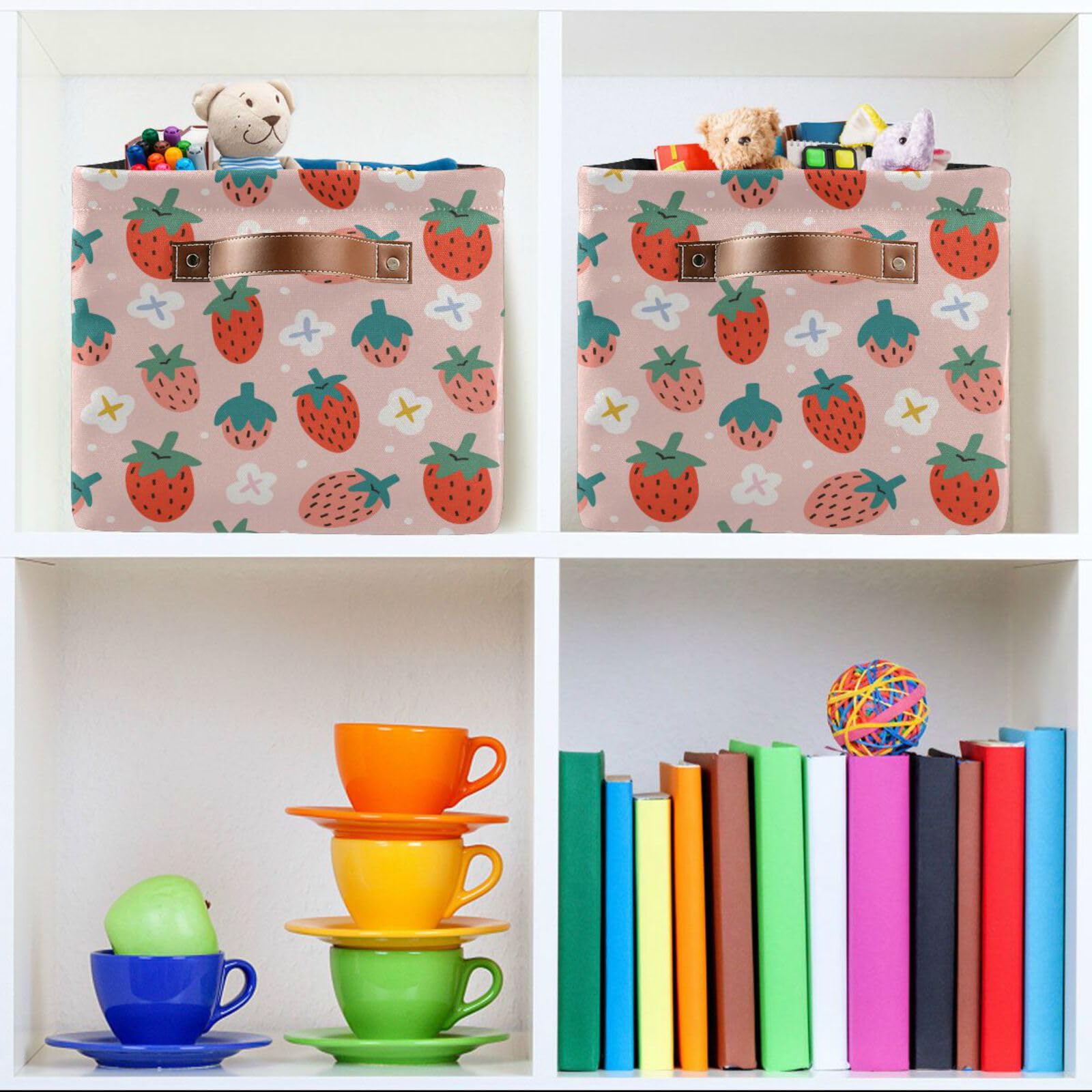 YETTASBIN Cute Strawberry Storage Basket 1pc, Large Collapsible Toys Clothes Organizer, Durable Canvas Storage Bin with Handle for Shelves Closet Laundry Home Office Decor