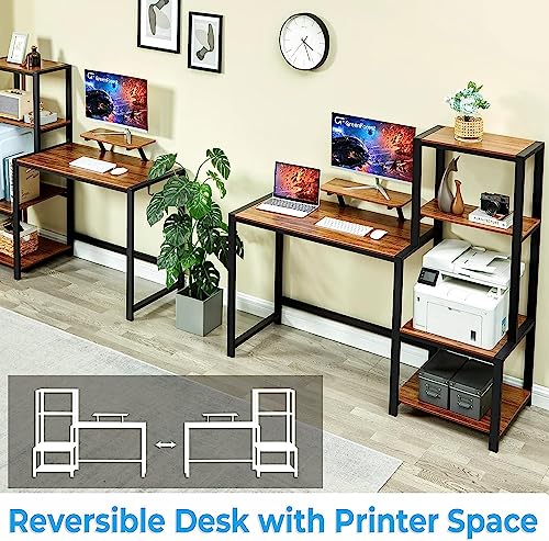GreenForest Computer Desk 59 inch with Storage Printer Shelf Reversible Home Office Desk with Movable Monitor Stand and 2 Headphone Hooks for Study Writing PC Gaming Working, Walnut