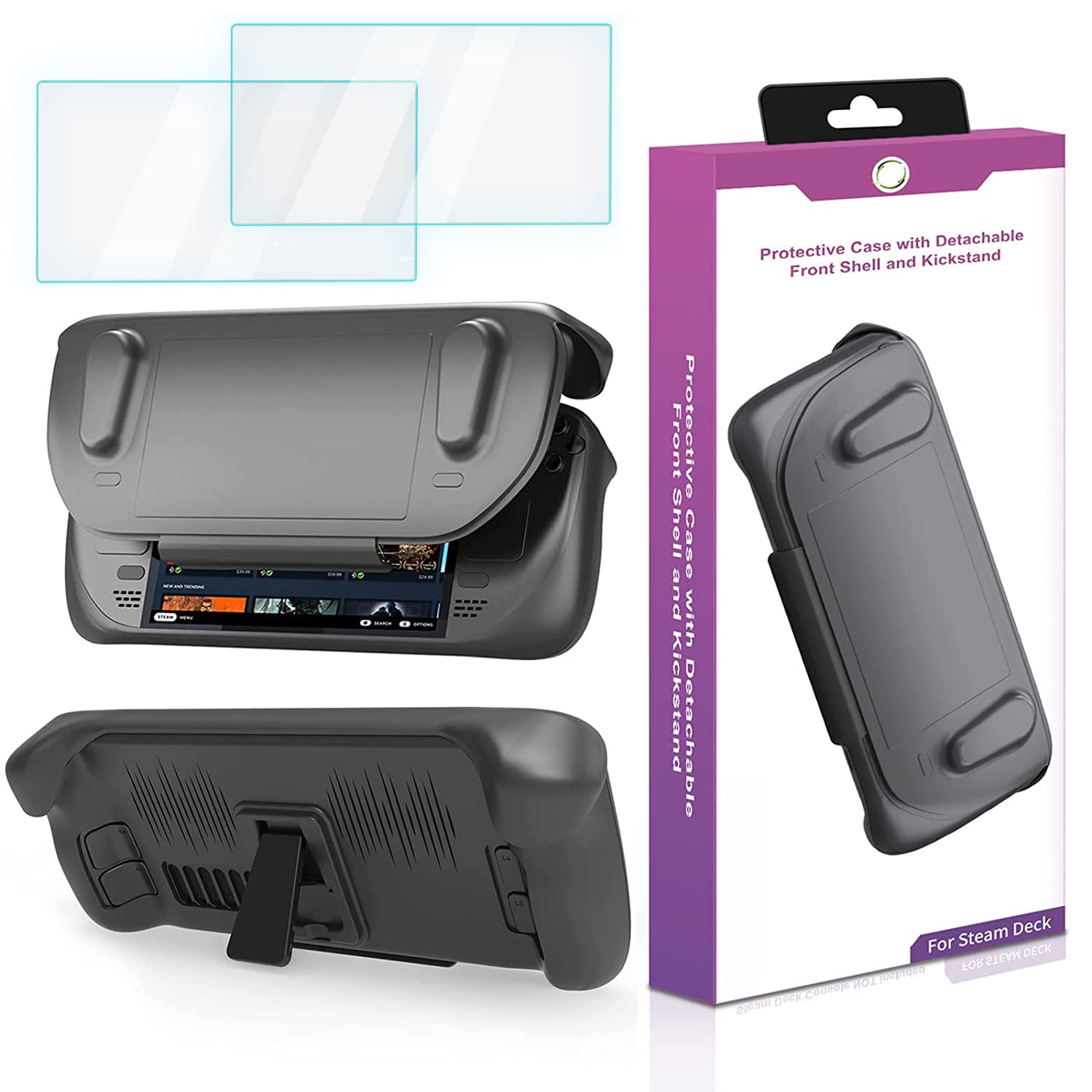 CAIJUNKAI Steam Deck Case with 2 Pack Screen Protectors, TPU Flip Cover Protective Case for Steam Deck with Stand Base, Heat Dissipation, Anti-drop, Non-Slip and Anti-Scratch Design