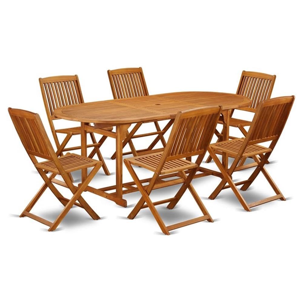East West Furniture BSCM7CWNA Beasley 7 Piece Patio Dining Set Consist of an Oval Outdoor Acacia Wood Table and 6 Folding Side Chairs, 36x78 Inch