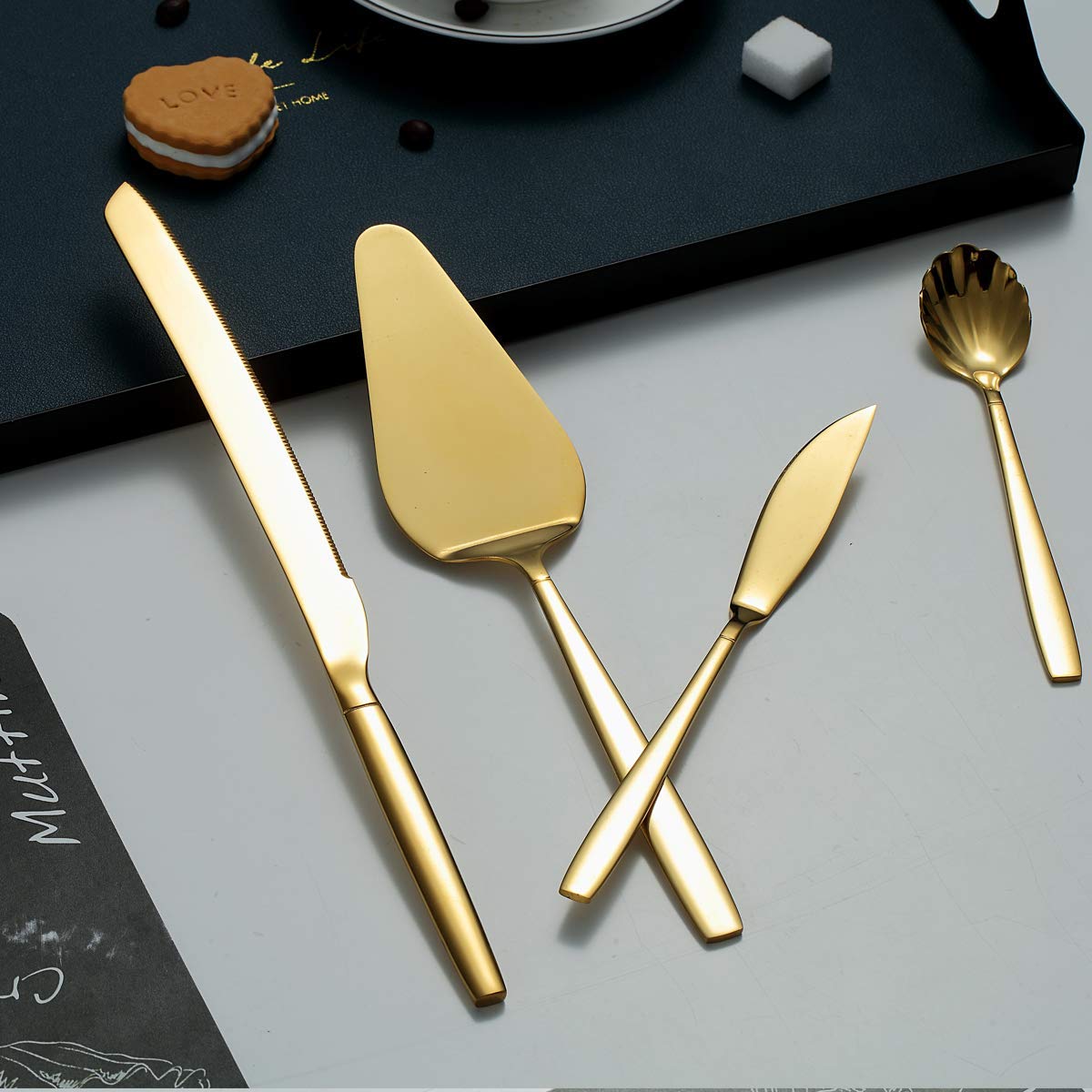 Berglander Gold Serving Utensils 10 Pieces, Titanium Golden Plating Serving Spoons, Included Cake Knife Cake Server Serving Forks Sugar Spoon Salad Spoon Forks Butter Knife Gravy Ladle ect.