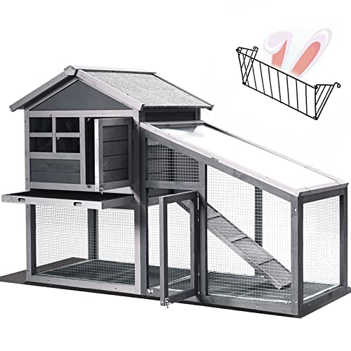 HAPPAWS Rabbit Hutch Cage w/Hay Feeder, 58 Inch Bunny Cage Condo Wooden Quail Chicken Coop, Indoor Outdoor Hen Pet House w/Removable Tray, Ramp, Waterproof Roof, Lockable Doors for Small Animals