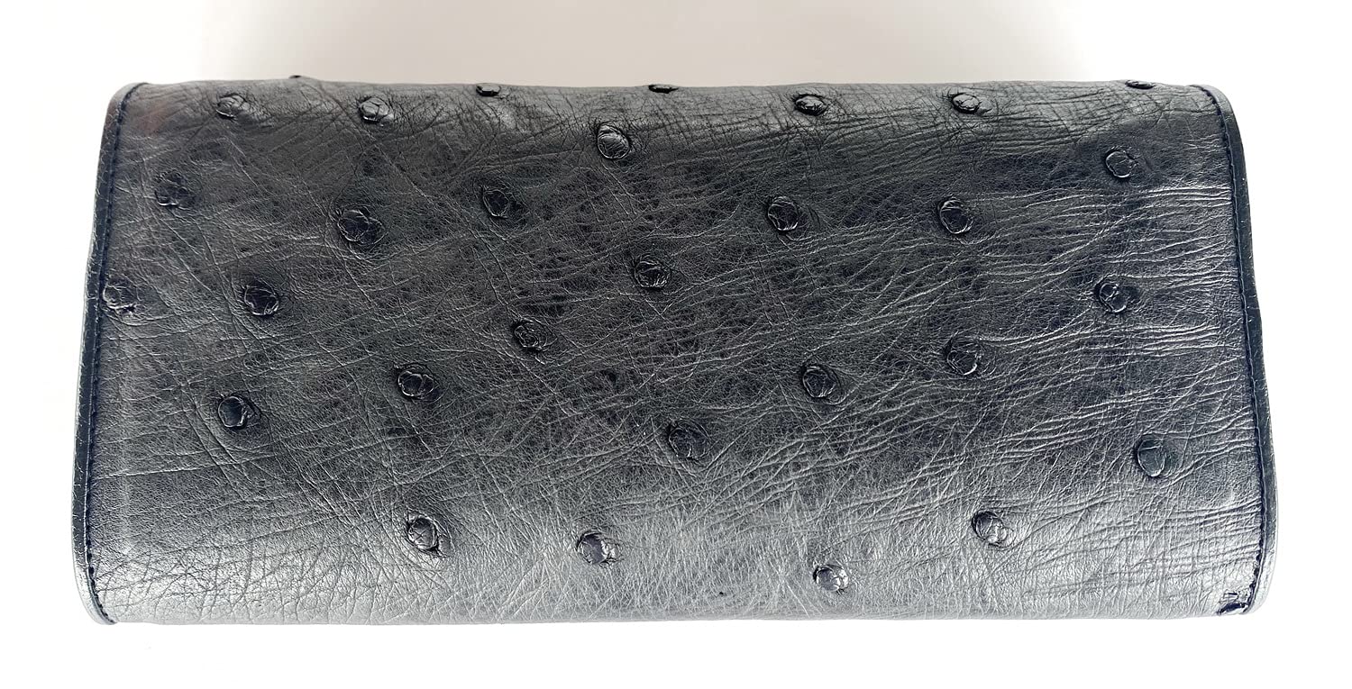 Julie Genuine Real Ostrich Skin Leather Trifold Clutch Long Black Wallet