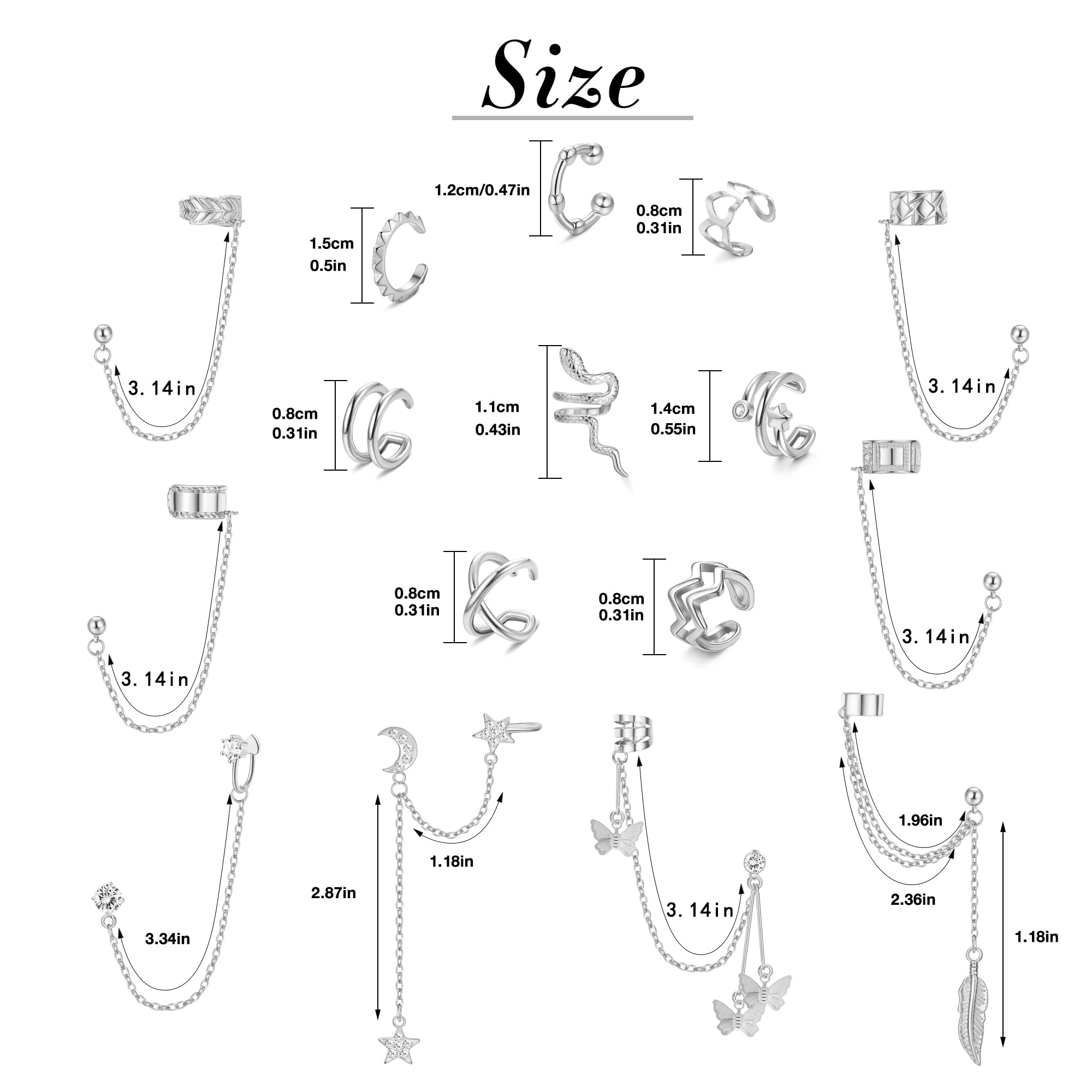 BESTEEL 16 Pcs Ear Cuff Earrings Set for Women Cuff Chain Earrings Helix Cartilage Cuff Earring Non Piercing Earring Pack Silver