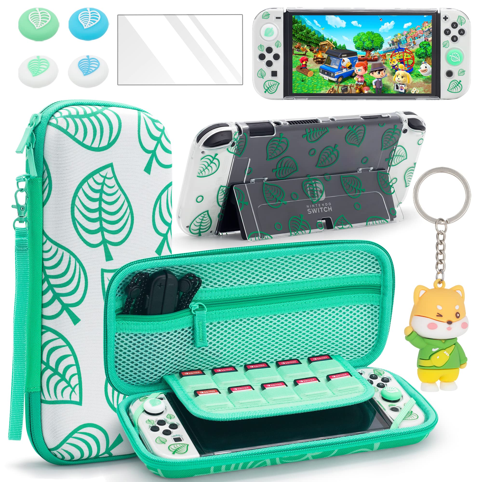 Carrying Case Kit for Switch OLED Accessories Bundle Leaf Potable Carry Storage Bag for Animal Crossing with Cute Pendant / Dockable Clear Cover / Screen Protector Protective Thumb Grip Caps