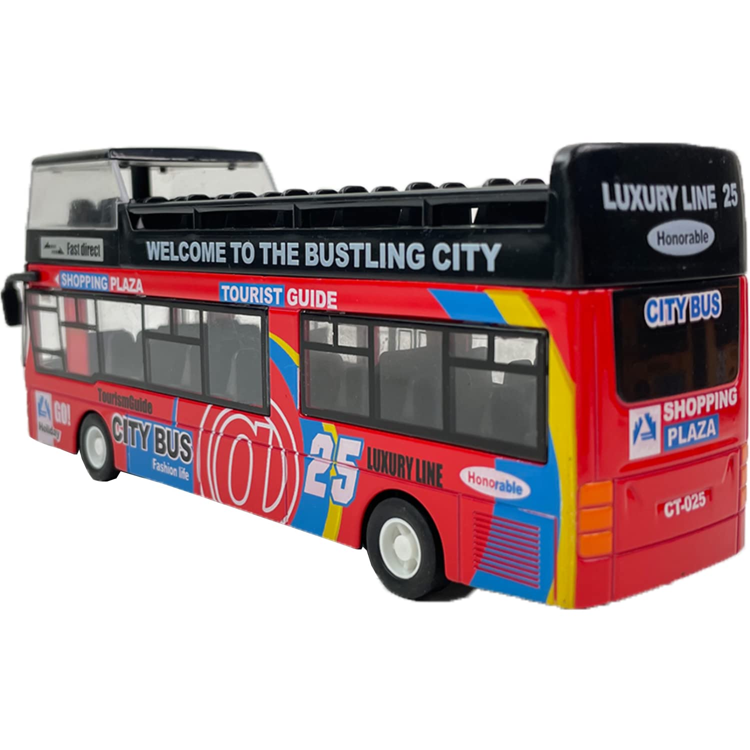 Liberty Imports 1:32 Scale Die Cast Sightseeing Tour Bus Toy Pull Back Vehicles | Mini Double Decker Tourist Open Top Bus Model Car | Pullback Action Toys with Lights and Music (Red)