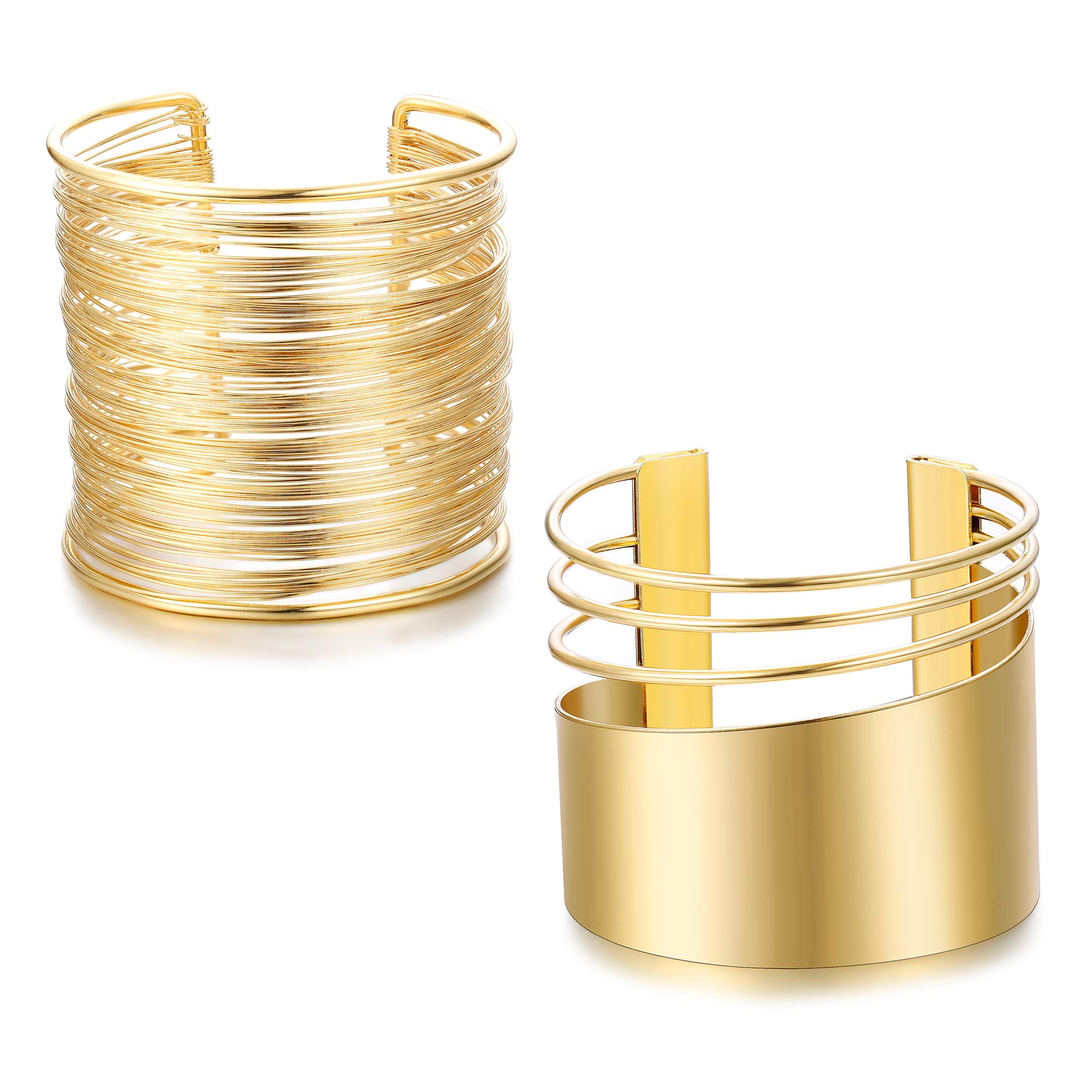 Besteel 2 Pcs Cuff Bangle Bracelet Set for Women Open Wide Wire Bracelets Adjustable Gold Sliver-Tone Plated (Gold-tone A)