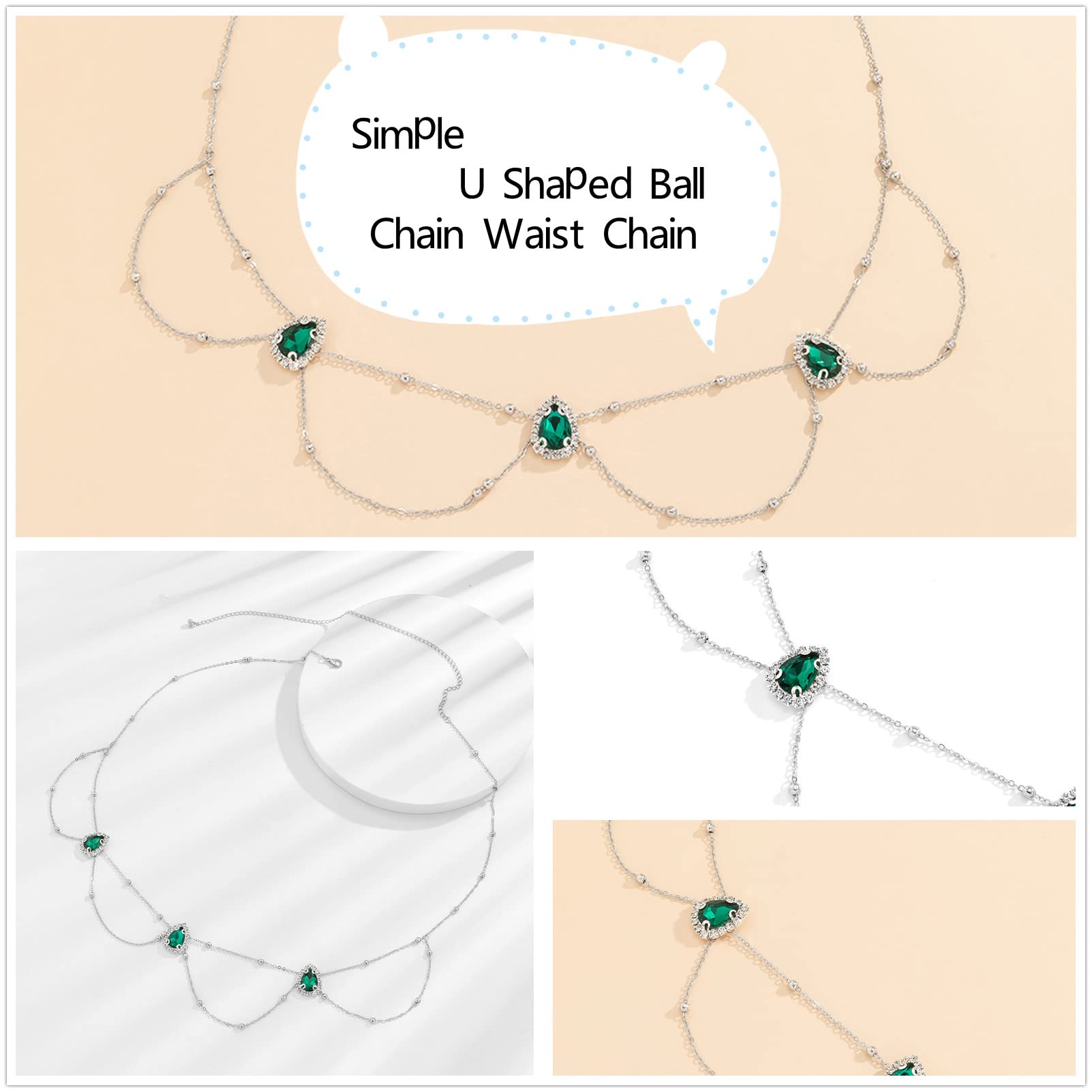 Belly Chain Green Water Drop Gem Crystal Layered Simple Waist Chains Adjustable Body Jewelry Chain Summer Beach Bikini Accessories