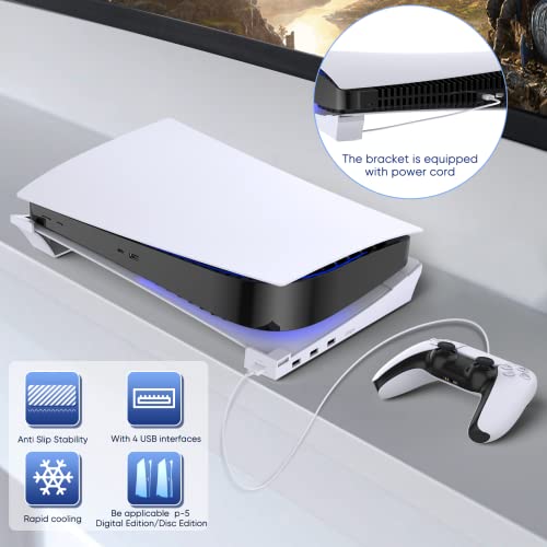 FASTSNAIL Horizontal Stand for PS5 with 4 USB Extension, Cabinet Console Laydown Holder with Charging Data USB Hub, Accessories Stand Compaitble with Playstation 5 Disc & Digital Edition Console