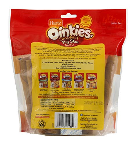Hartz Oinkies Natural Smoked Pig Skin Twist Peanut Butter Stuffed Dog Treat Chews - 16 Pack - 3270015588