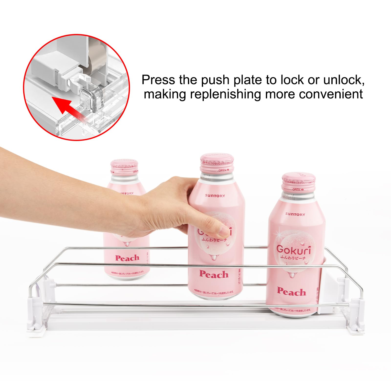 Drink Dispenser for Fridge, Self-Pushing Soda Can Organizer for Refrigerator, Width Adjustable Beverage Pusher Glide, Beer Pop Can Water Bottle Storage for Pantry, Kitchen - 5 Row (White, 380-5)