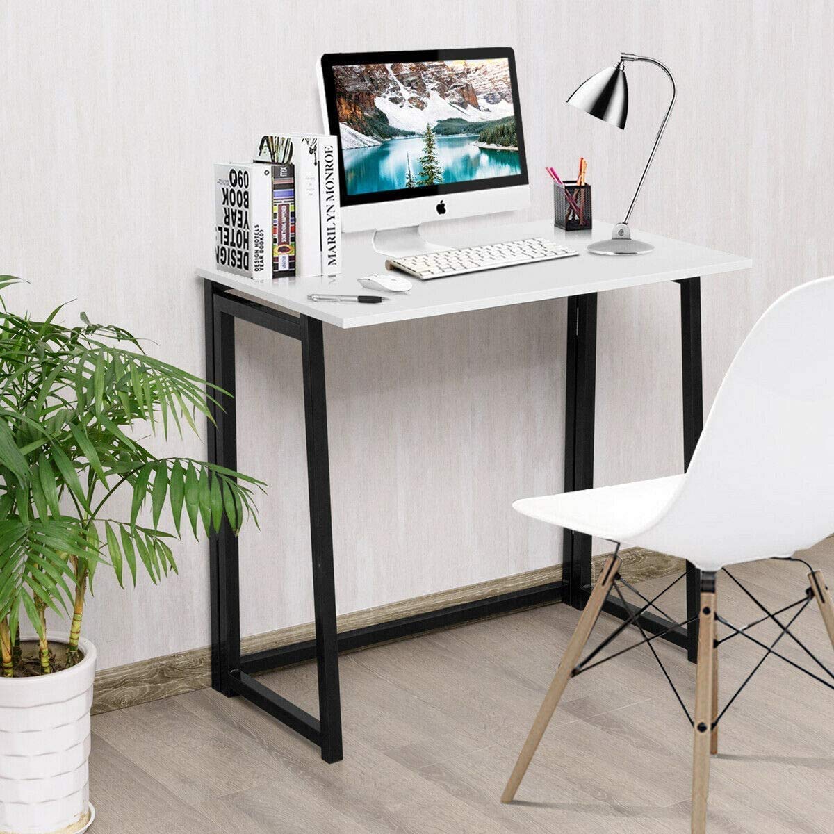 ARLIME Foldable Computer Desk, Home Office Study Laptop Table Workstation Writing Desk, Compact Study Reading Table for Small Space Bedroom, Vintage Metal Frame No Assembly Folding Desk (White)