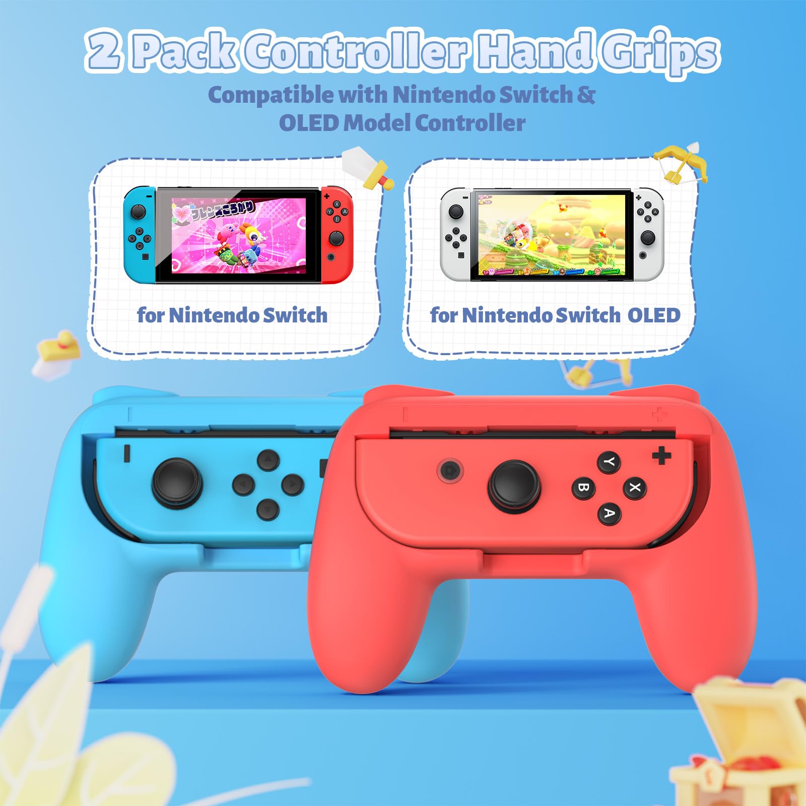FastSnail Grips Compatible with Nintendo Switch Joy-Con, Wear-Resistant Handle Kit Compatible with Switch Joy Cons Controllers, 2 Pack (Blue and Red)