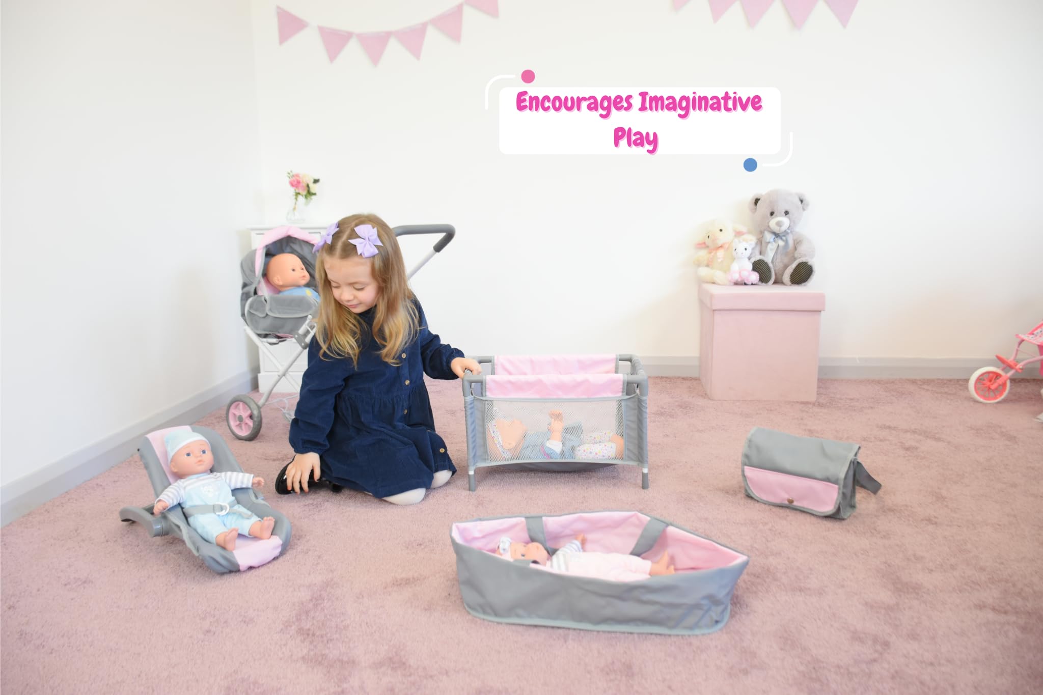 KOOKAMUNGA KIDS 5 Pc Baby Doll Stroller Set - Baby Doll Accessories - Baby Doll Playset w/ Doll Crib Stroller Car Seat - Playpen - Carry Cot - Diaper Bag - Ages 3+ - Deluxe Grey / Pink