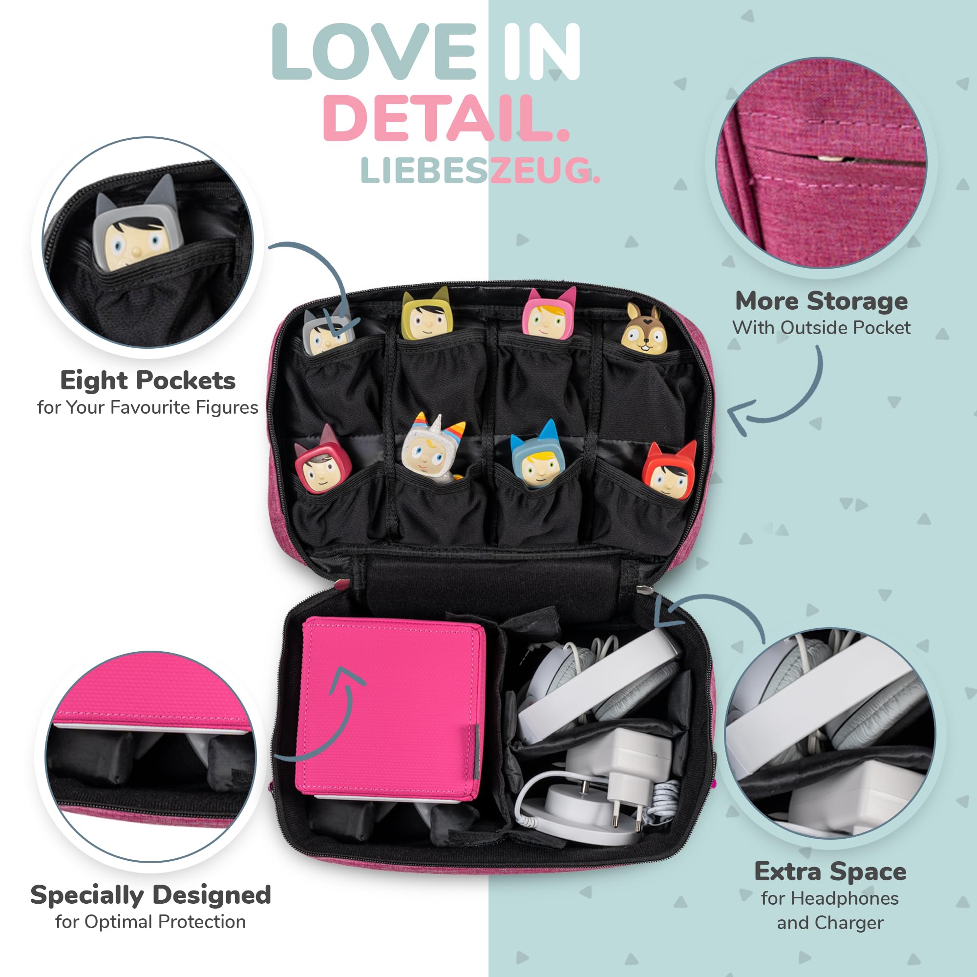Liebeszeug – Carrying Case for Toniebox Starter Set | Compact Tonies Storage Travel Bag | Fits Tonie Box, Creative Tonie Figures & Characters, Charger, Headphones & More | Designed in Austria