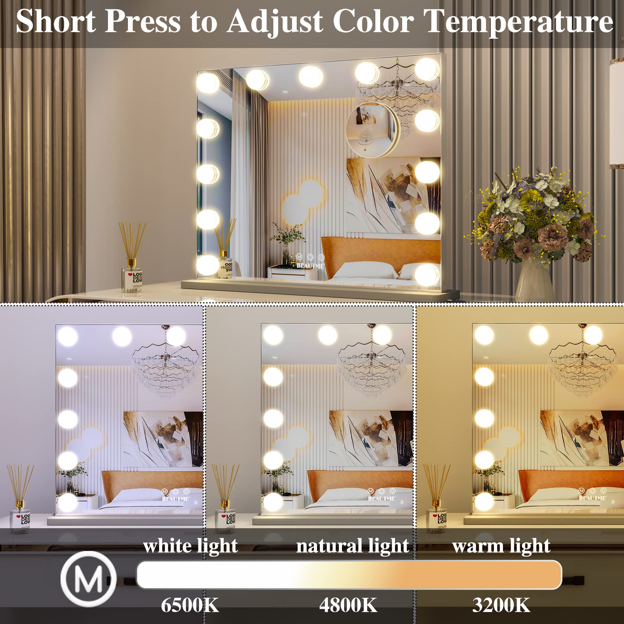 BEAUTME Vanity Mirror Hollywood Mirror with Lights,Led Makeup Mirror with Magnifying Mirror Bedroom Table Mirror/Wall Mounted Mirror Big