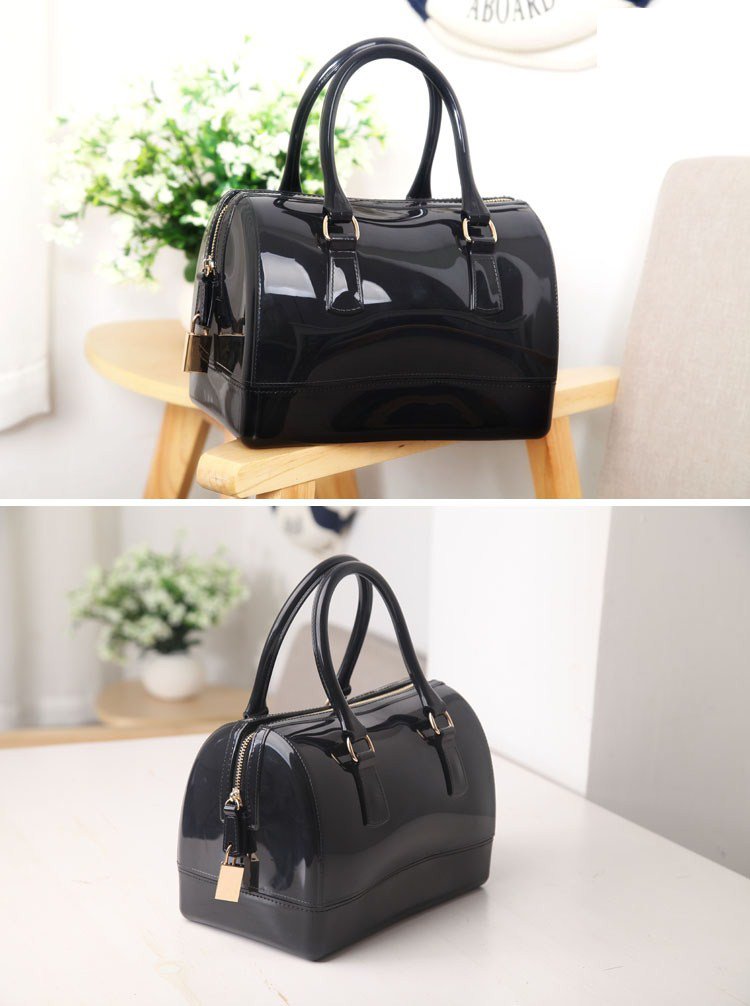 Ladies Summer Jelly Pillow-shaped Top Handle Handbag Candy Color Transparent Crystal Purse (Candy Black)