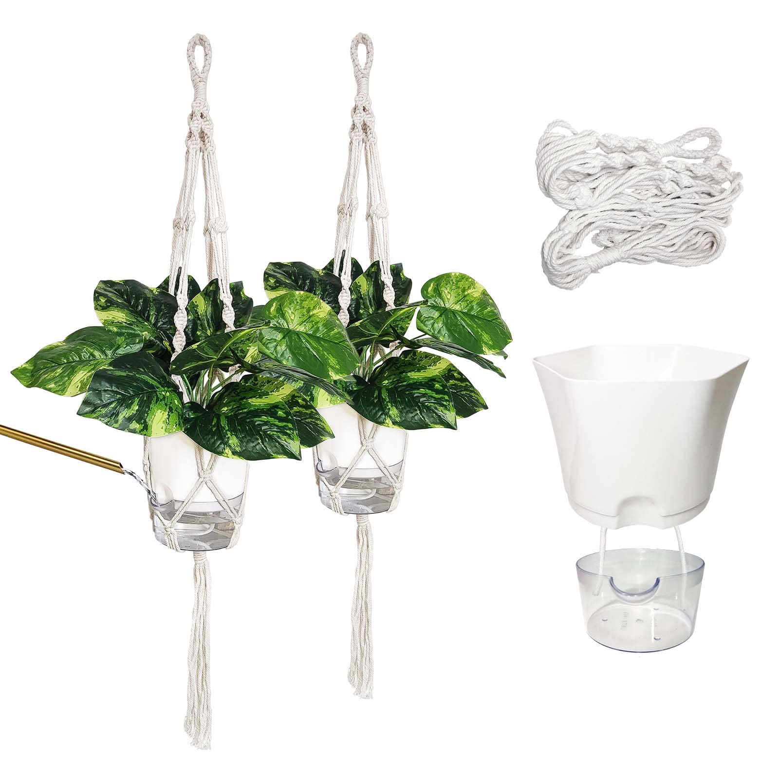 BERZGER 2 Pack Self Watering Hanging Planters for Indoor Plants, Macrame Plant Hangers Holders with Pots, 6'' Decorative Modern Plastic Planters with Drainages and Trays.