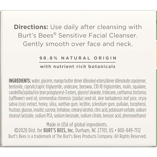 Burt’s Bees Gentle Night Cream Moisturizer for Face & Sensitive Skin - Made with Aloe Vera & Rice Milk to Soothe Skin, Dermatologist Tested (1.8 oz)