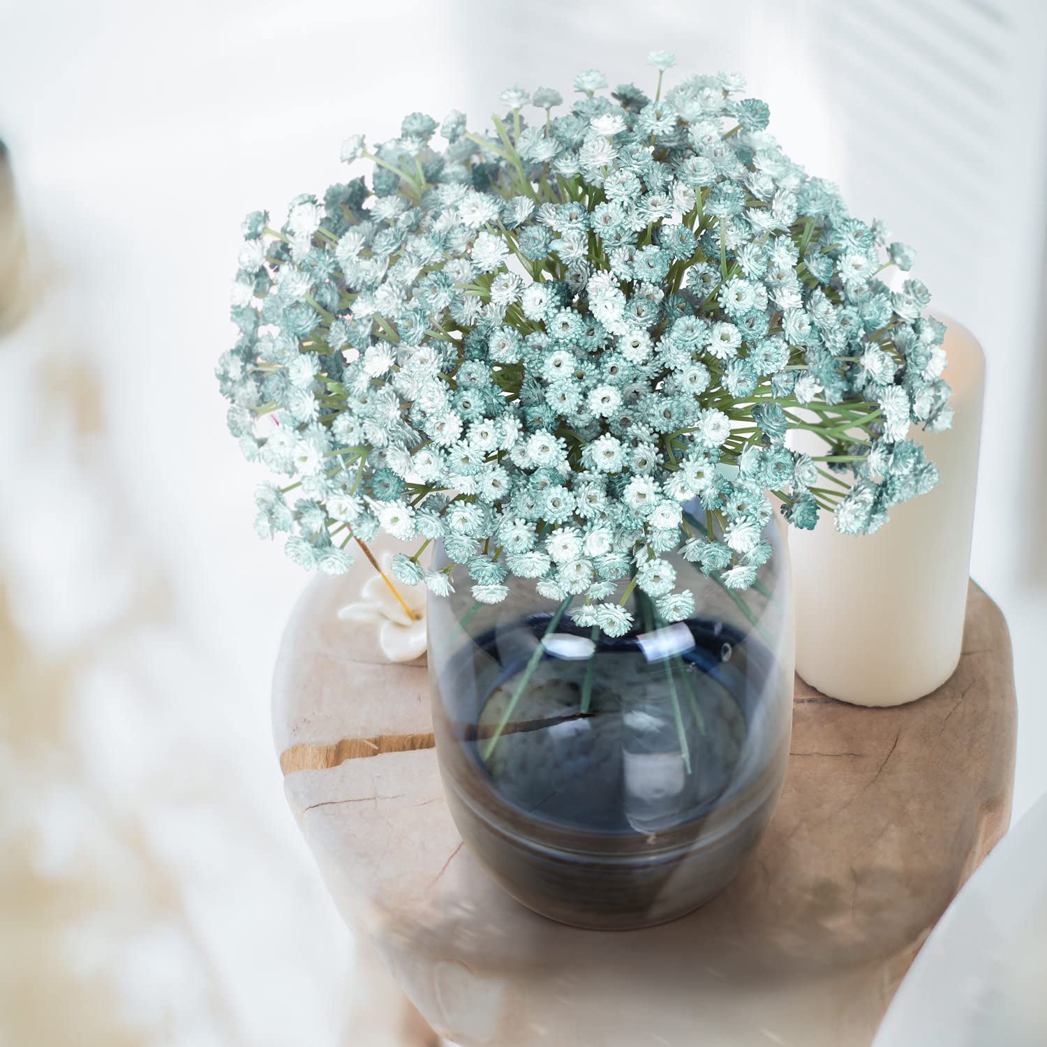JUSTOYOU 10 Pcs Artificial Babys Breath Flowers, Blue Artificial Flower, Fake Gypsophila Real Touch Flowers for Wedding Party Home Garden Decoration (Blue, Not include vase)