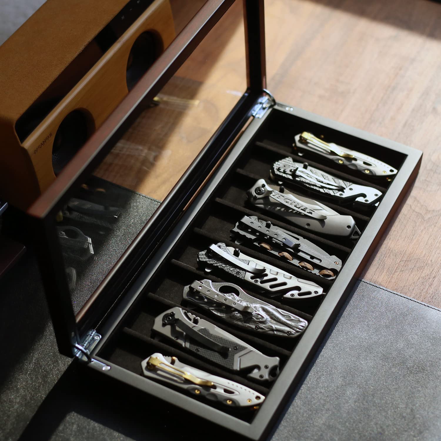 Besforu Knife Display Case Organizer storage 8 pocket knives, Folding Knife Holder with Real Glass Window Top, Pocket knife collection box for men gift (Ebony Veneer 8 slot)