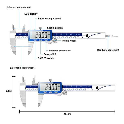 Caliper Measuring Tool, Qfun 6 Inch Electronic Digital Caliper with Stainless Steel and Extra-Large Display, IP54 Waterproof Vernier Calipers for Engineer Carpenter