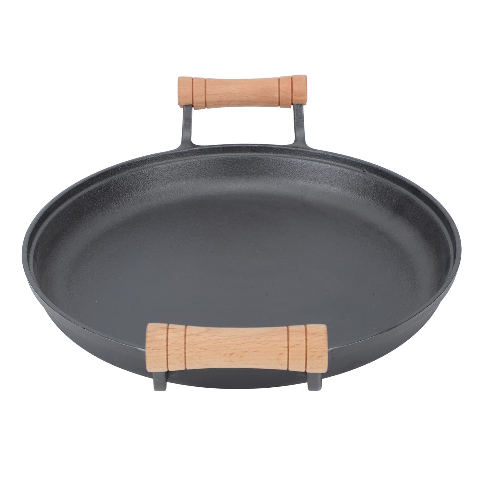 Depurate Round Cast Iron BBQ Grill Pan Dual Wooden Handles Steak Frying Meats Roasting Skillets Gatherings (33cm/12.99in)