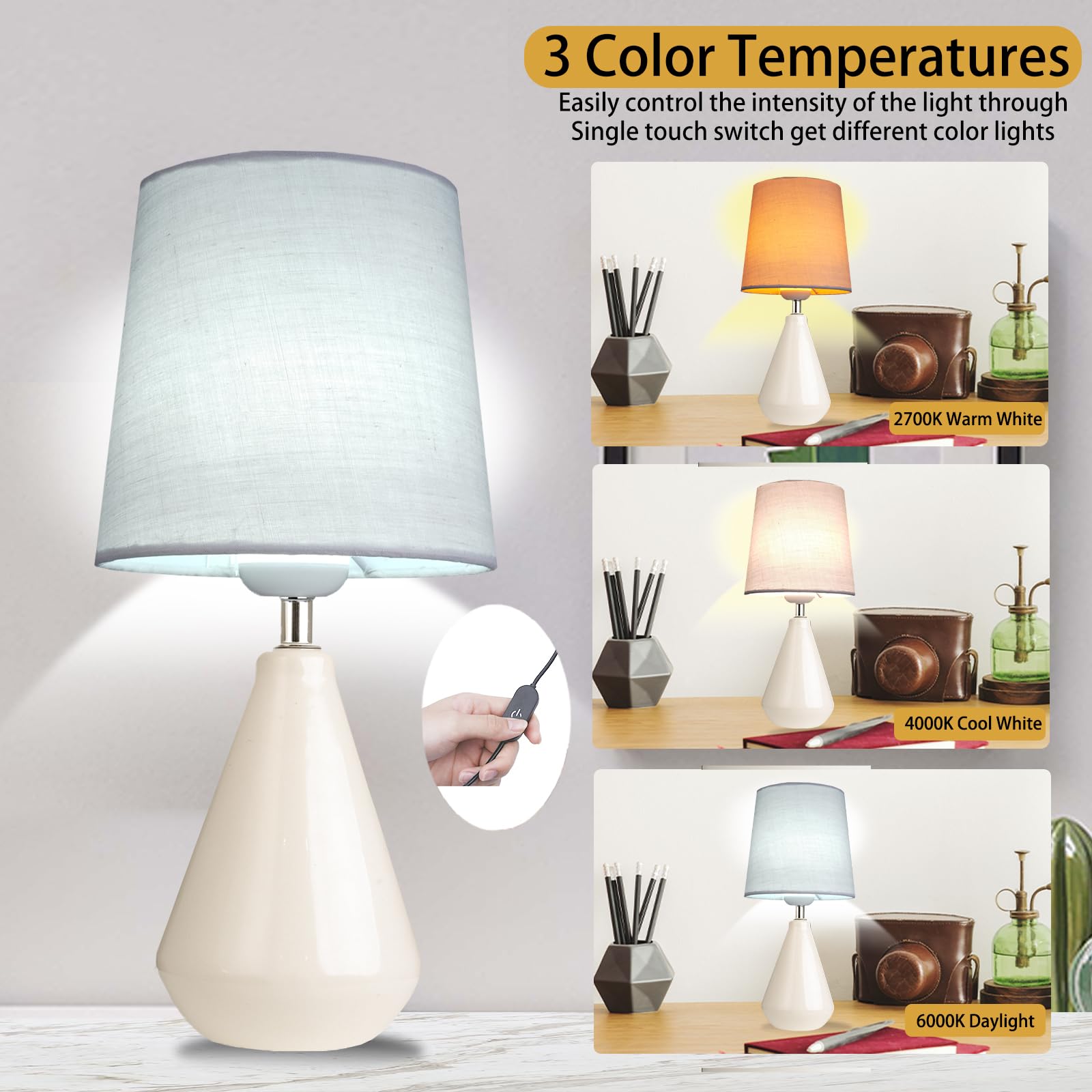 bdayanx Small Bedside Table Lamp for Bedroom - Reading Desk Lamp with 3 Way Dimmable Touch Control,12" Nightstand Ceramic Lamp with Fabric Shade for Kids Room,Living Room,Dorm,Home Office Green