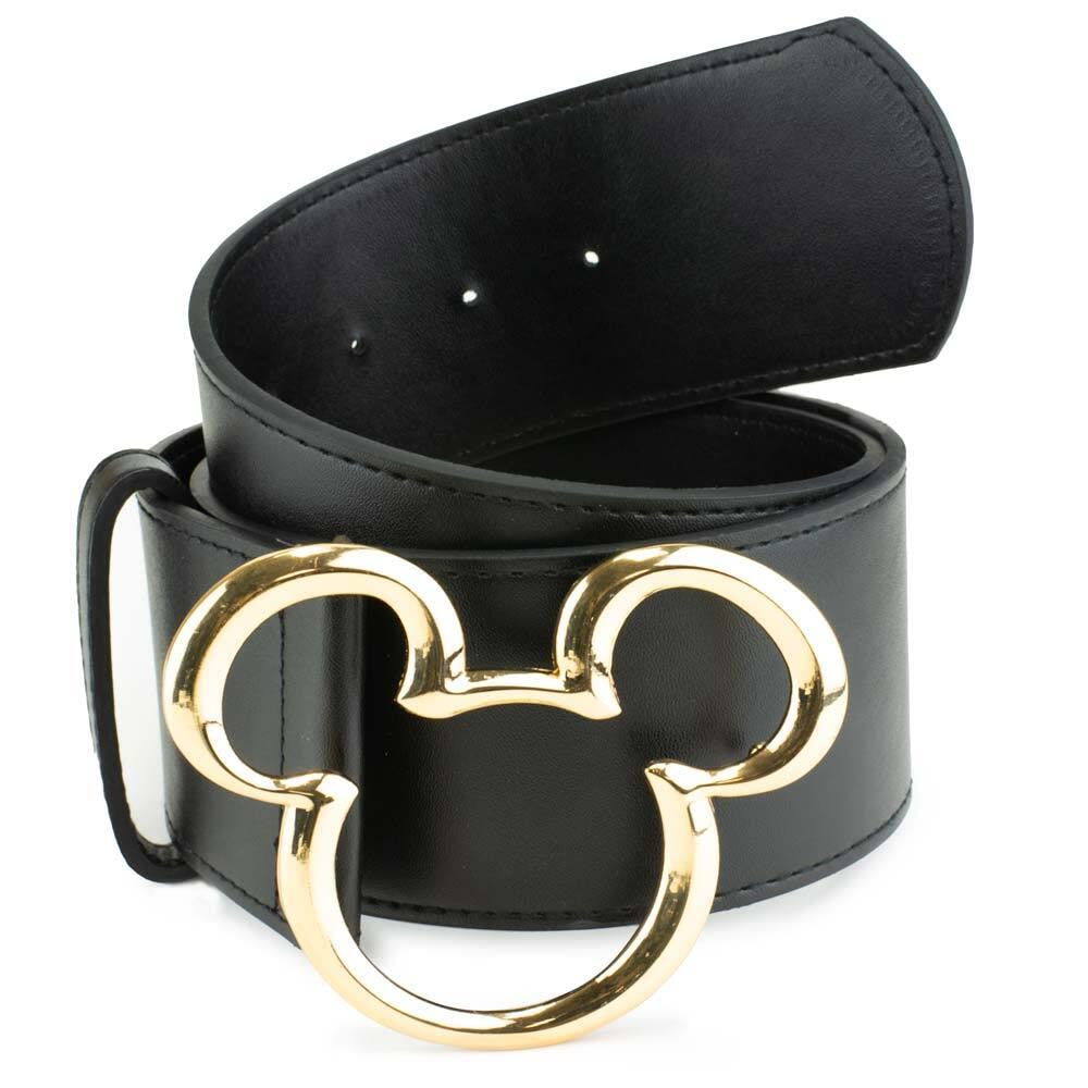 Buckle-Down Men's Disney Ears Gold Cast, Black Vegan Leather Belt, Mickey Mouse, 1.5" Wide-Fits 34-40 Inches