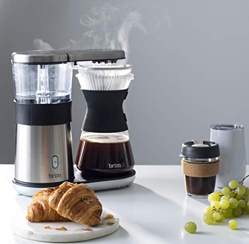 brim 8 Cup Pour Over Coffee Maker Kit, Simply Make Rich, Full-Bodied Coffee Every Time, Set Includes Glass Carafe, SCA Measuring Scoop, Silicone Sleeve, and Healthy-Eco Reusable Filter, Stainless Steel