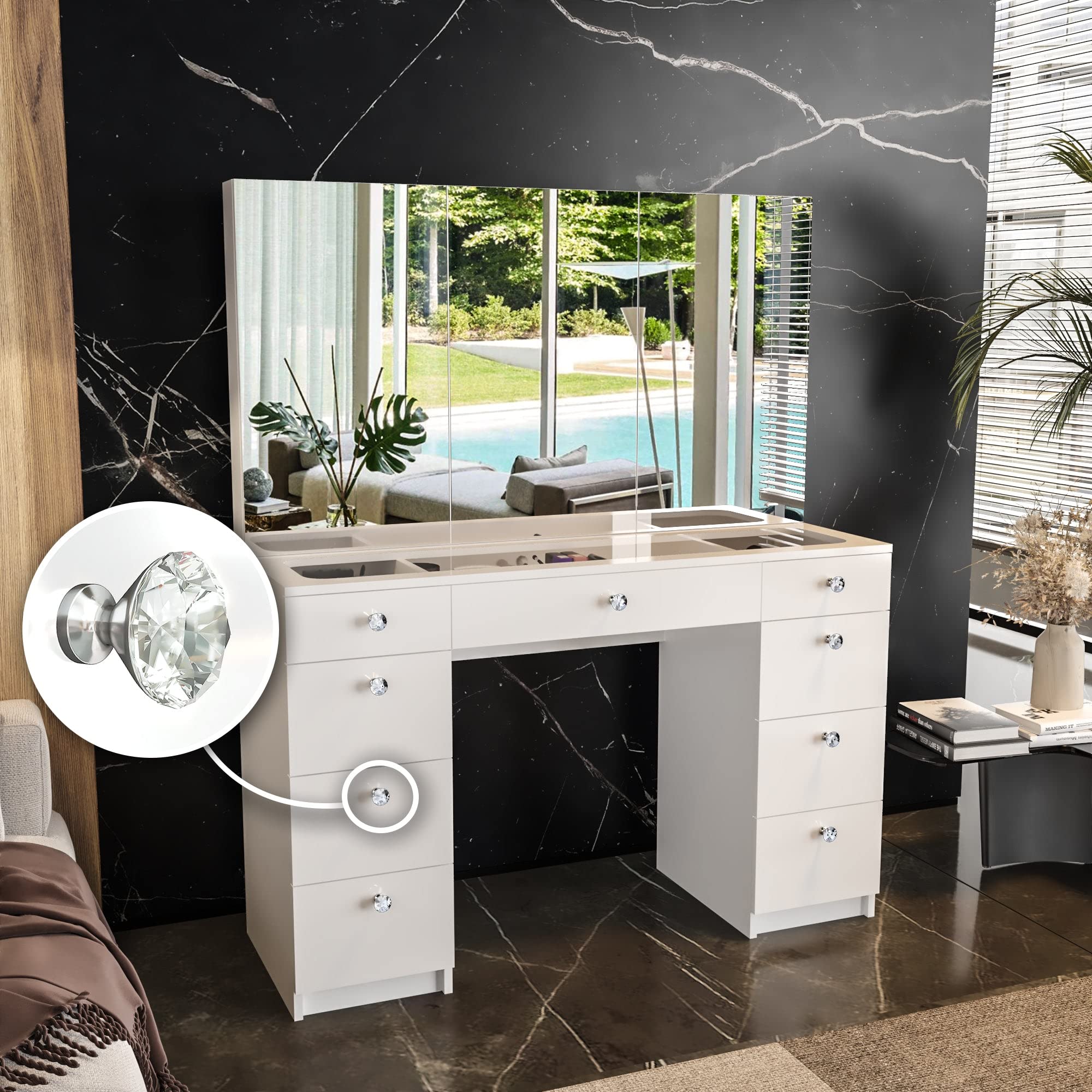 Boahaus Lily White Makeup Vanity Desk with Mirror Cabinets, Glass Top, 9 Drawers, and Crystal Ball Knobs - Modern Makeup Desk - Big Vanity - Large