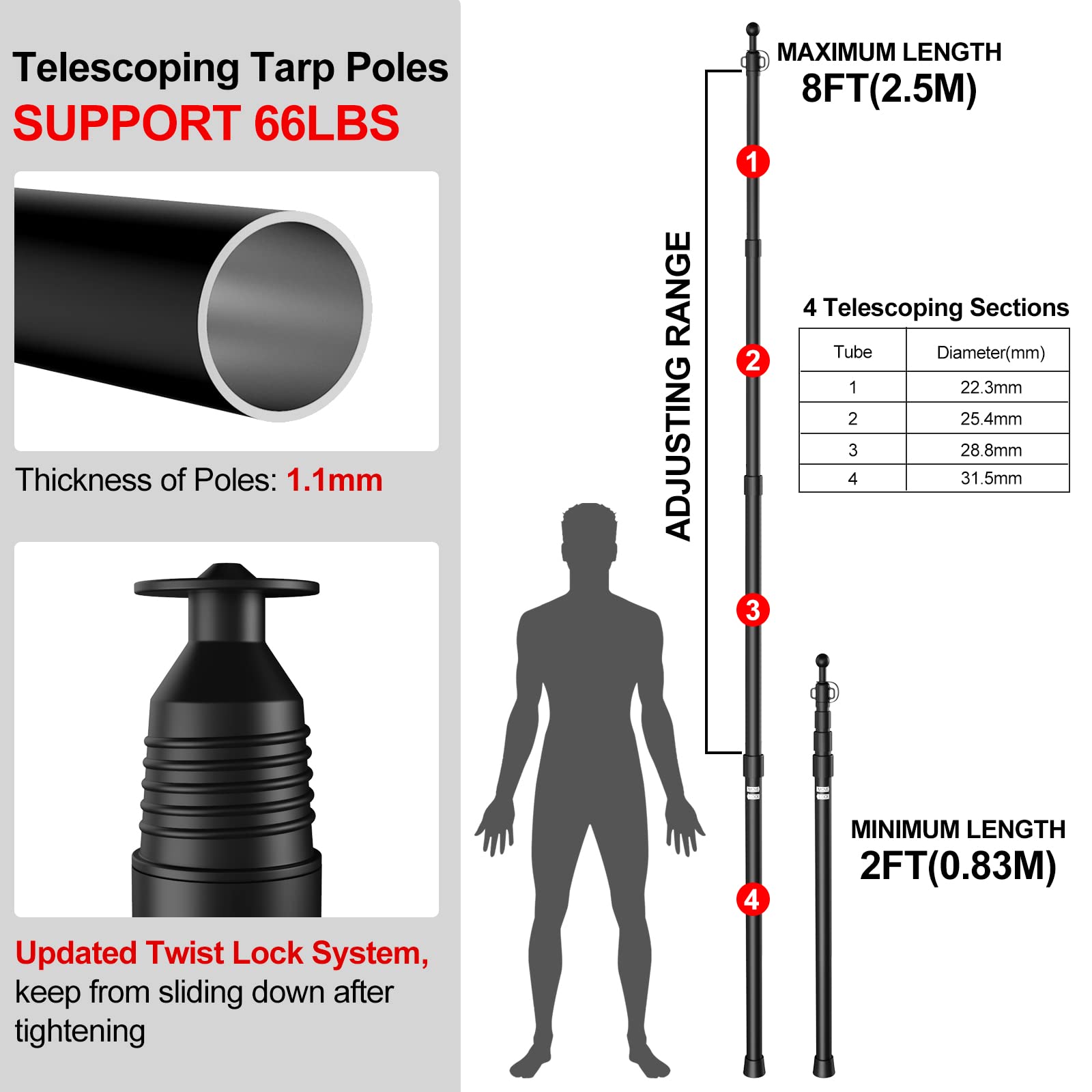 BLIKA Telescoping Tarp Poles | Adjustable Tent Poles for Tarp Set of 2 | Portable & Lightweight Aluminum Tent Poles Replacement, Up to 8FT