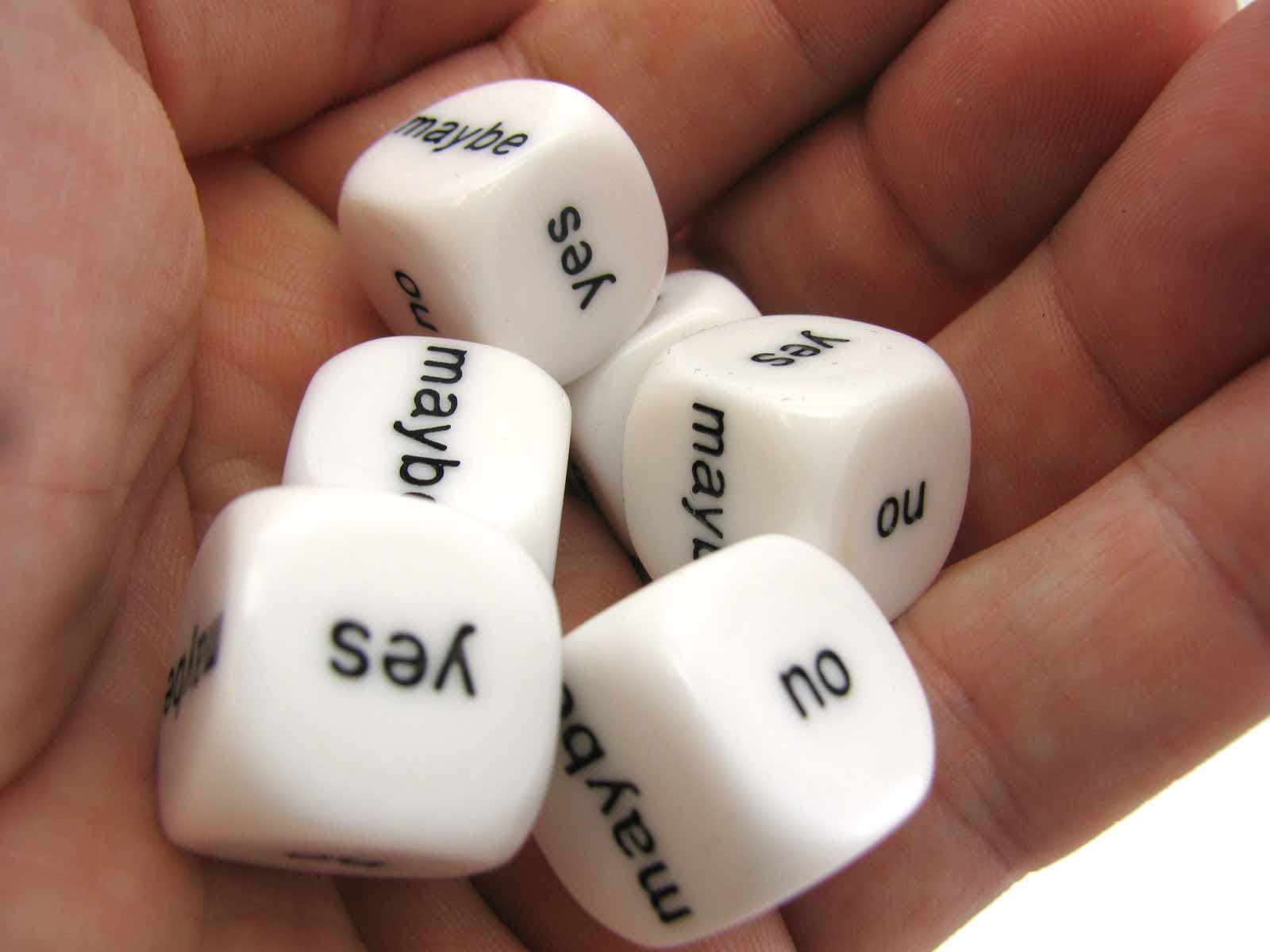 Koplow Games Set of 6 D6 16mm Yes, No, Maybe Decisions Dice - White with Black Letters